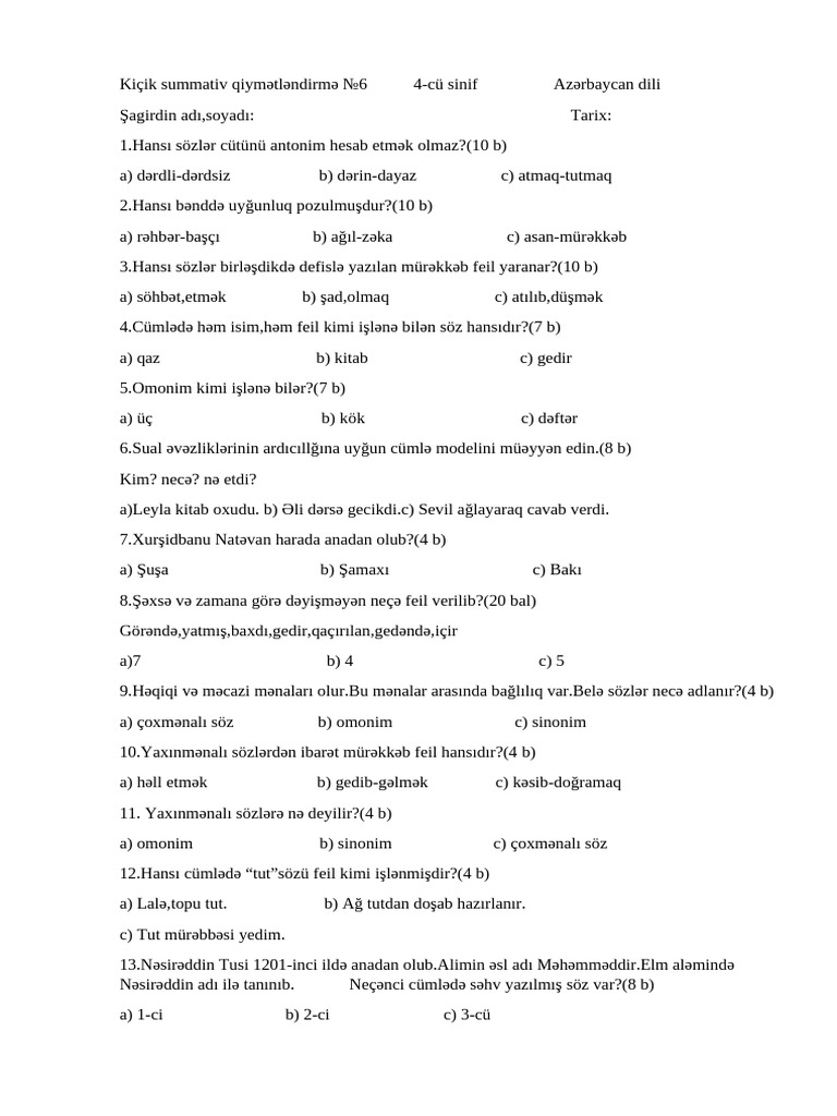 Ana Dili KSQ 6 Sinif 4 Y.Vüsalə | PDF