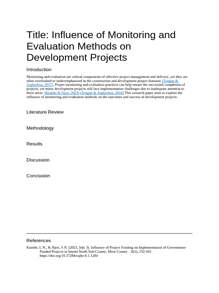Title Influence of Monitoring and Evaluation Methods On Development Projects | PDF