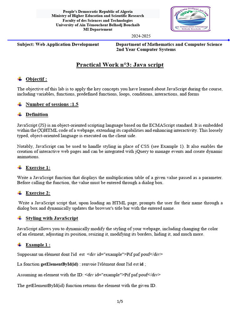 JavaScript Practical Work Guide 2024-2025 | PDF | Java Script | Computing