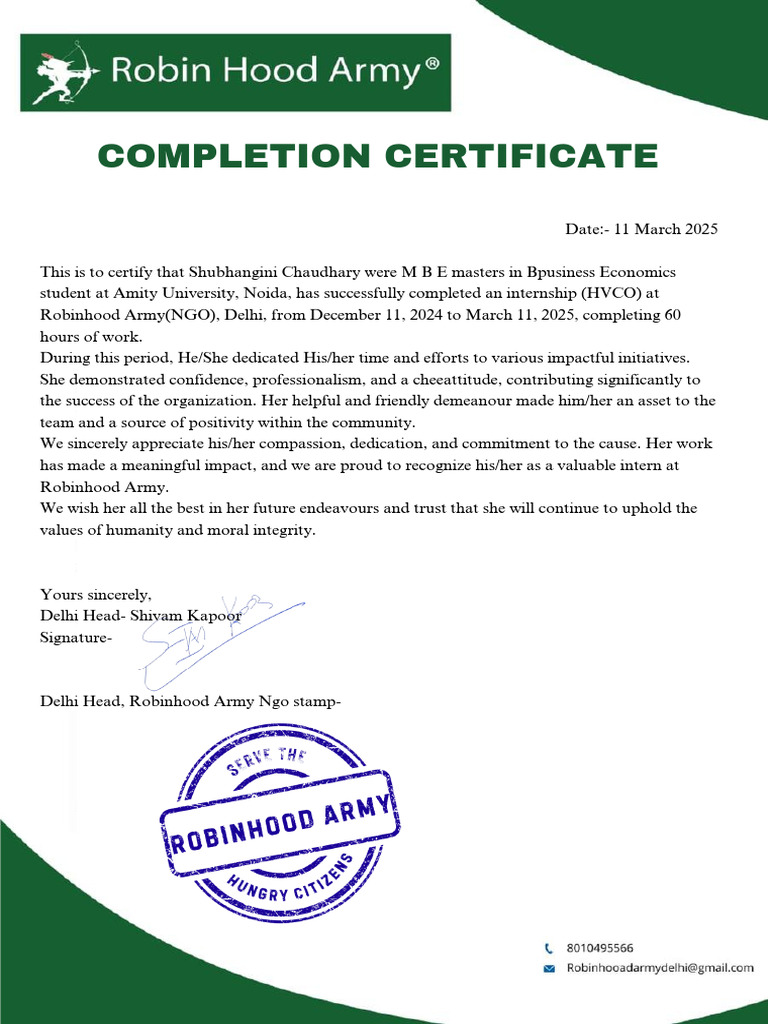 Robinhood Army Internship Completion Certificate | PDF