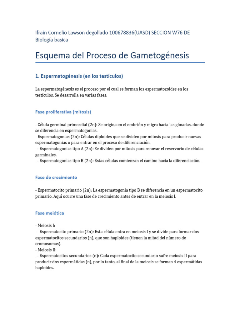 Esquema Proceso Gametogénesis Detallado | PDF | Mitosis | Sistema reproductivo
