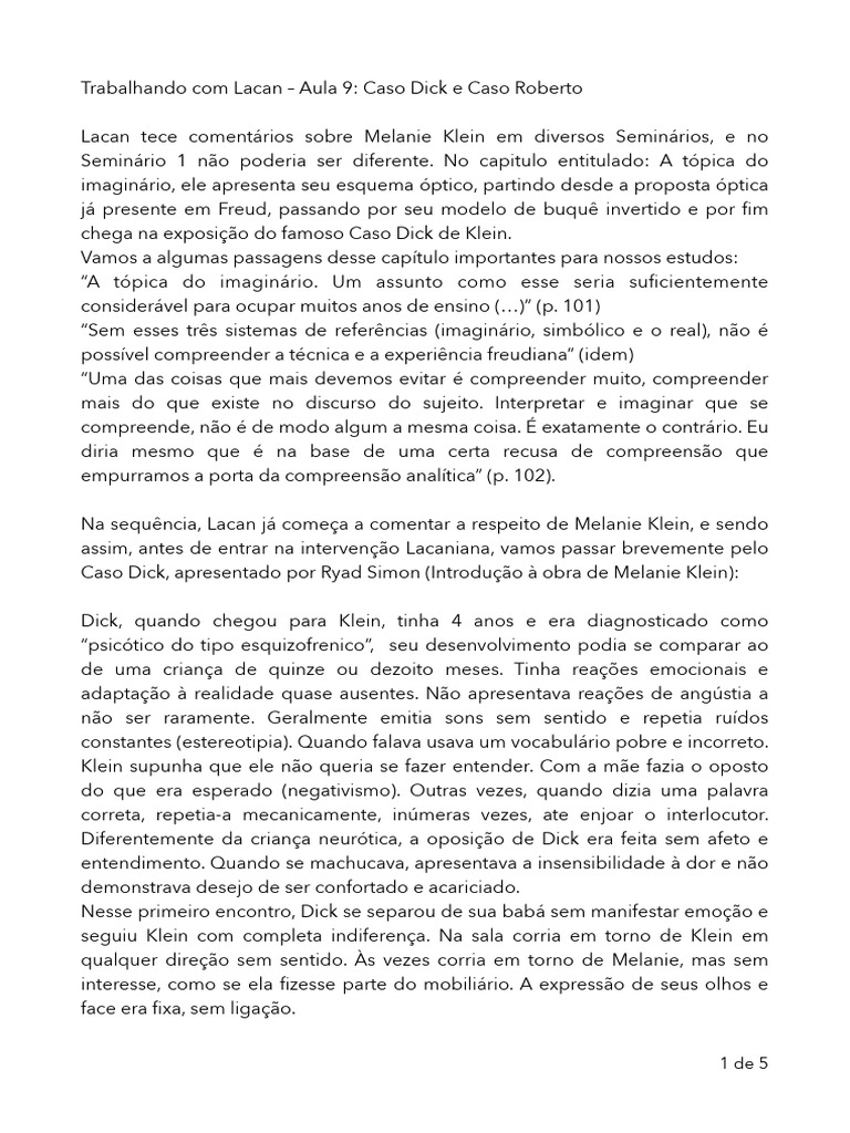 Trabalhando Com Lacan 9 Caso Dick 2 | PDF | Jacques Lacan | Realidade