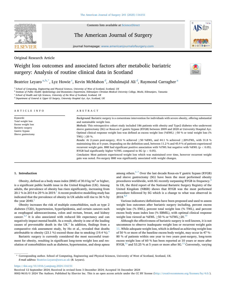 Weight Loss Outcomes and Associated Factors After | PDF | Bariatric ...
