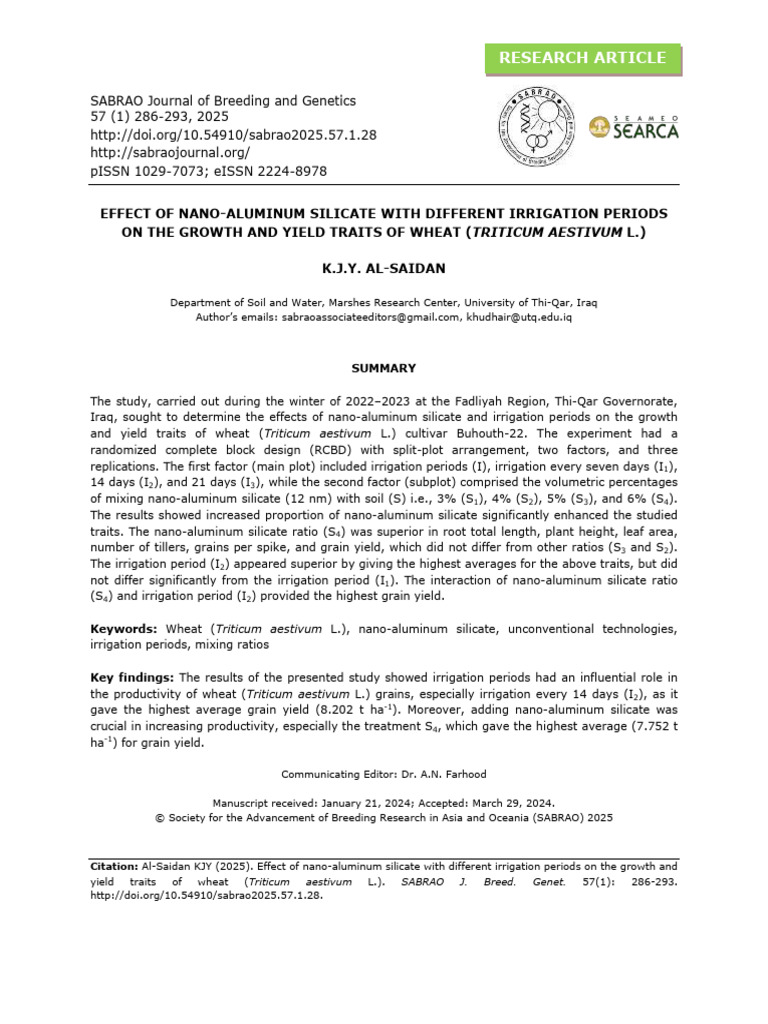 SABRAO J Breed Genet 57 1 286 293 MS24 26 | PDF | Wheat | Soil