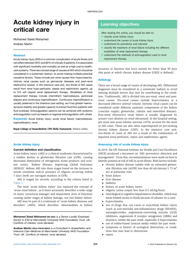 Acute Kidney Injury in Critical Care | PDF | Chronic Kidney Disease ...