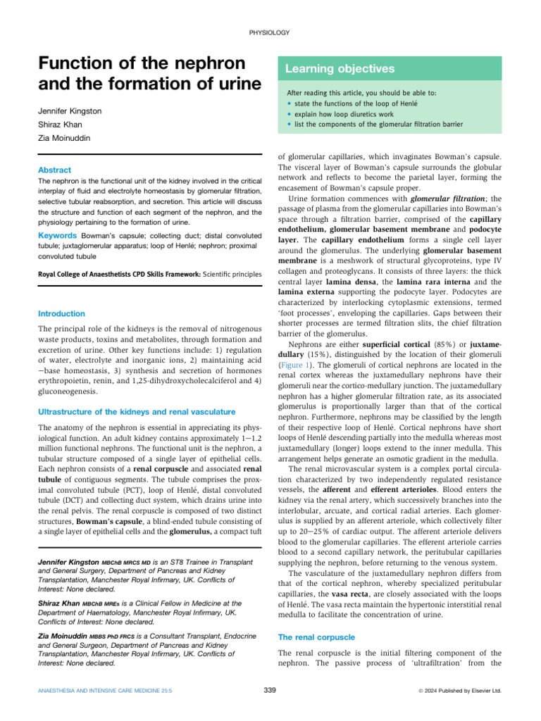 Function-of-the-nephron-and-the-formation_2024_Anaesthesia---Intensive-Care- | PDF | Kidney