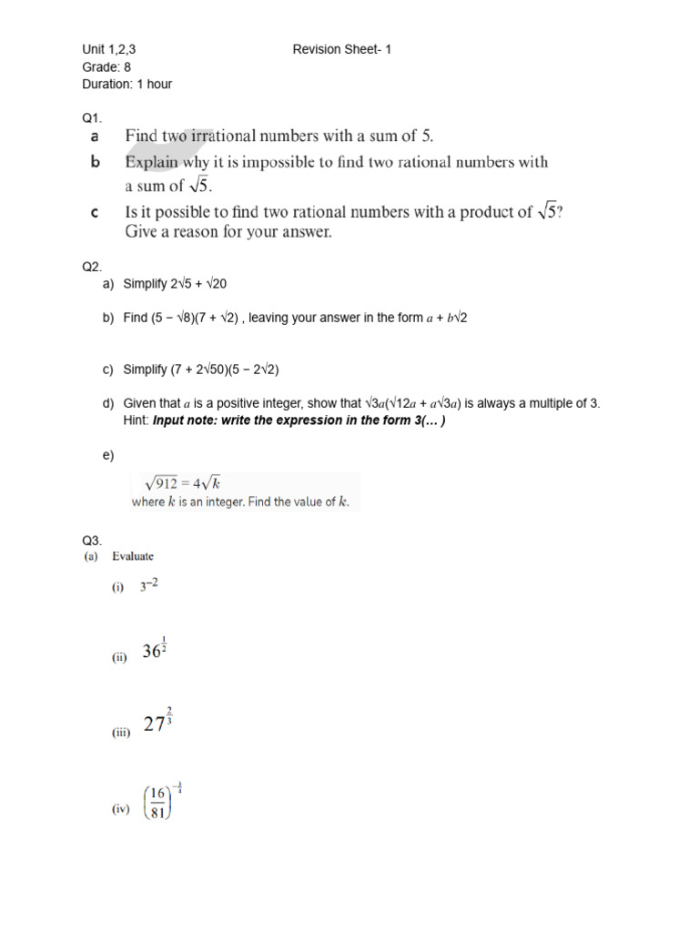 Grade 8 Math Revision Sheet | PDF