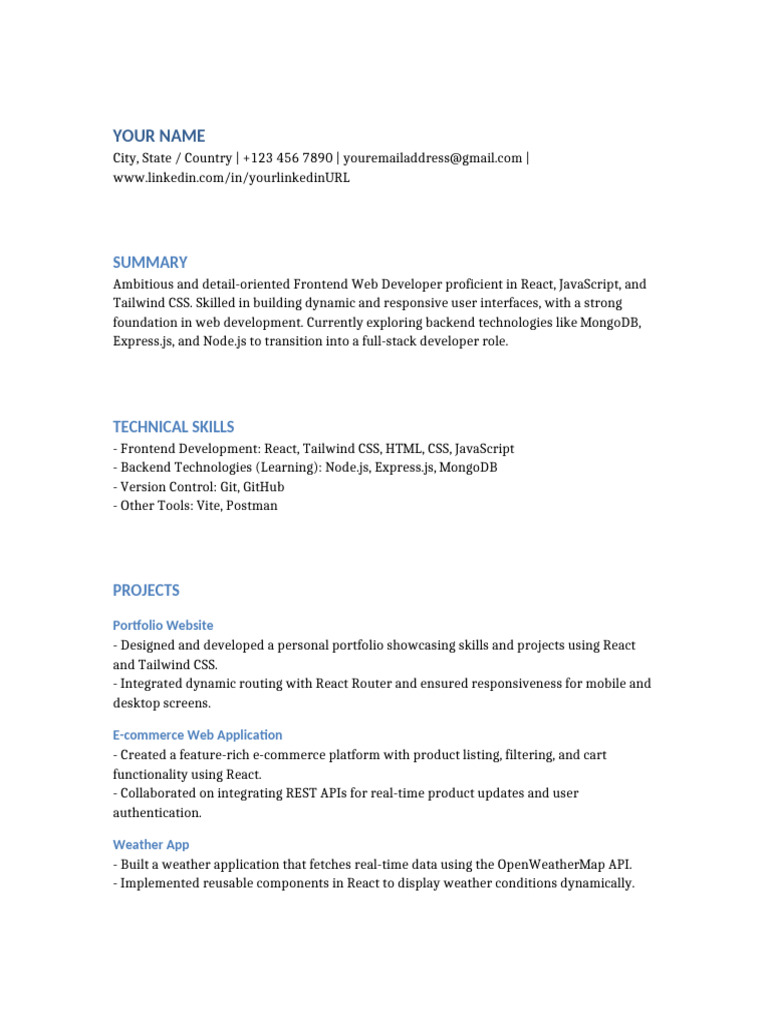 Frontend Developer CV Template | PDF