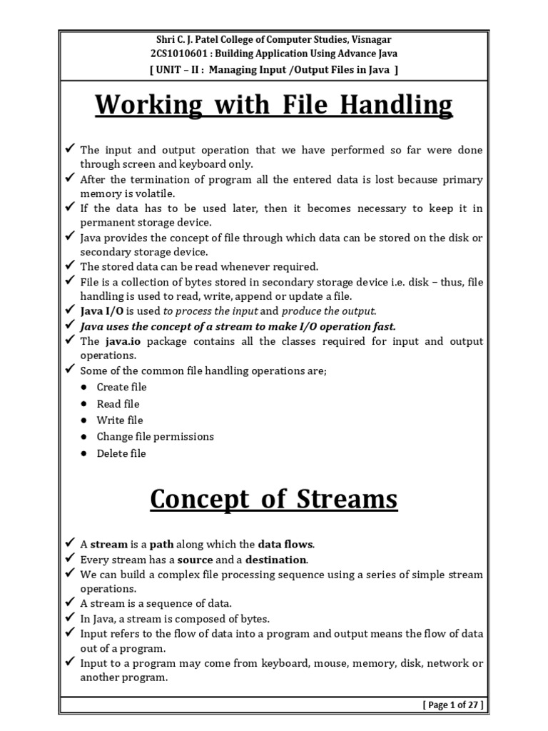 2CS1010601-AdvJava_UNIT-2-Files | PDF | Computer File | Class (Computer ...