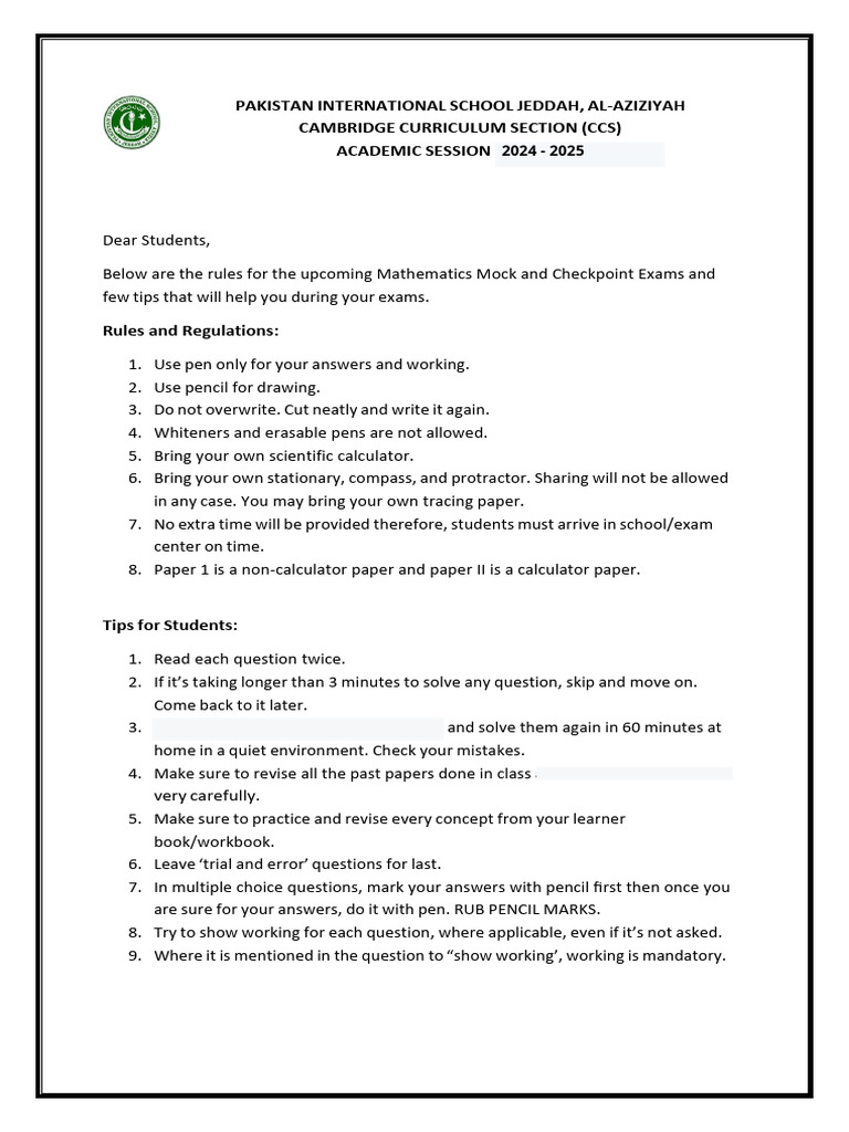 G8 Mathematics Mocks + Checkpoints Exams Rules and Tips | PDF
