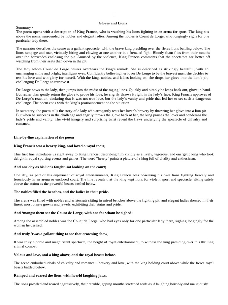 The Glove and the Lion's Challenge | PDF