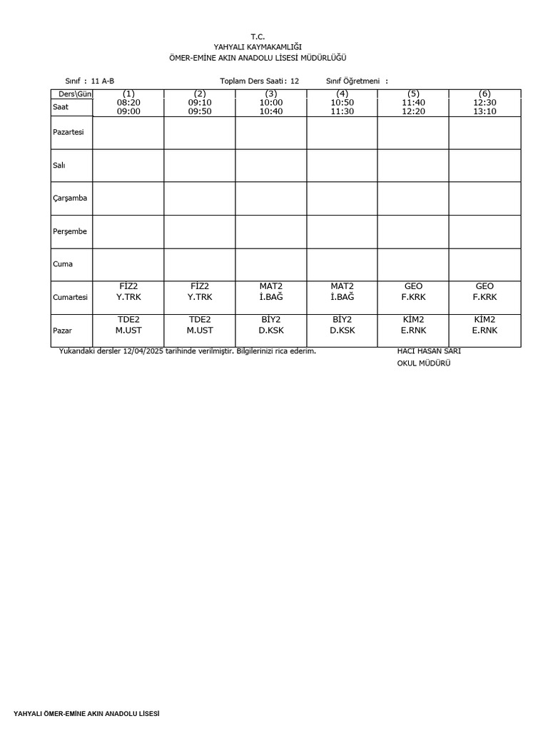 Dyk Sinif Programi 12 Ni̇san 2025 İti̇bari̇ İle. | PDF