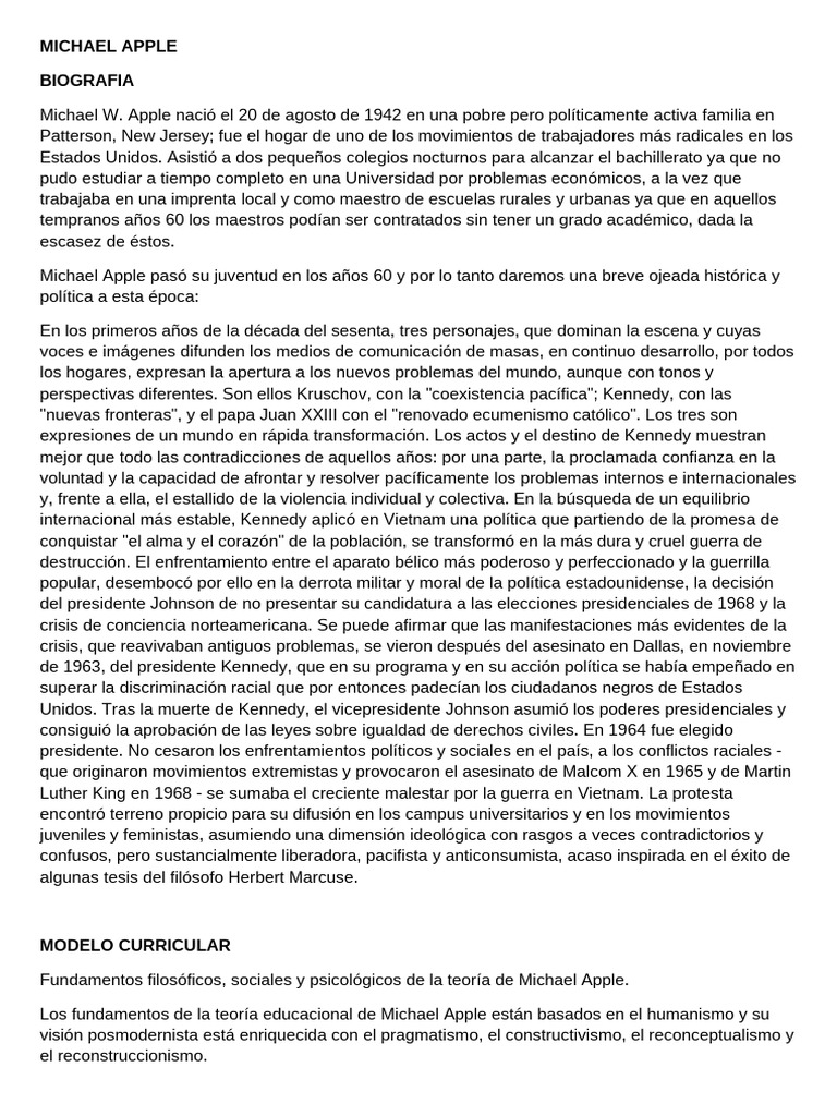 Biografía y Teoría Educativa de Michael Apple | PDF | Sociedad | John F ...