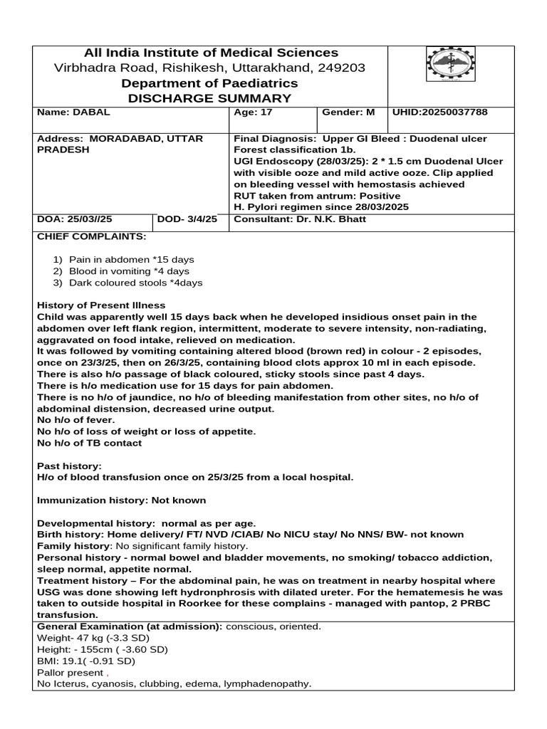 Dabal Singh, Upper GI Bleed, 03.04.25 | PDF | Bleeding | Gastroenterology