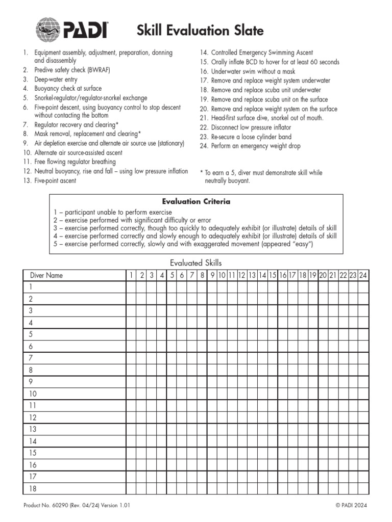PADI Skill Evaluation Slate Guide | PDF | Scuba Diving | Occupational ...