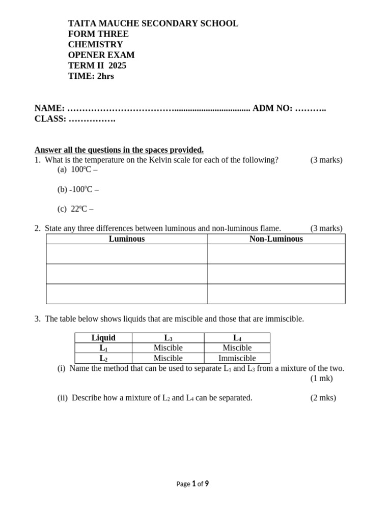 CHEMISTRY F3 Term 1 2023 Teacher - Co - Ke | PDF | Chemical Elements ...