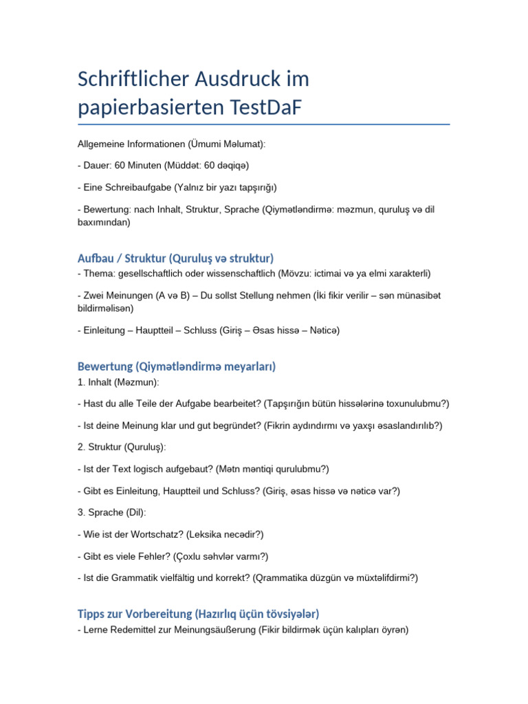 Schriftlicher Ausdruck TestDaF AZ De | PDF