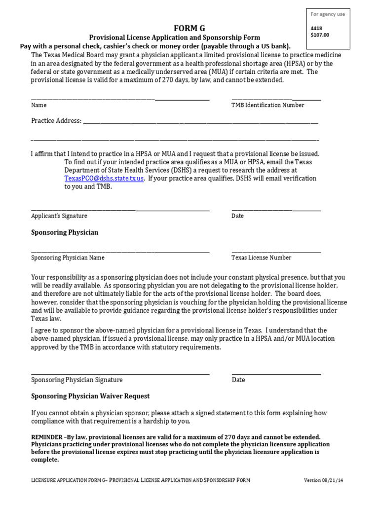 Texas Provisional License Application Form | PDF | Physician