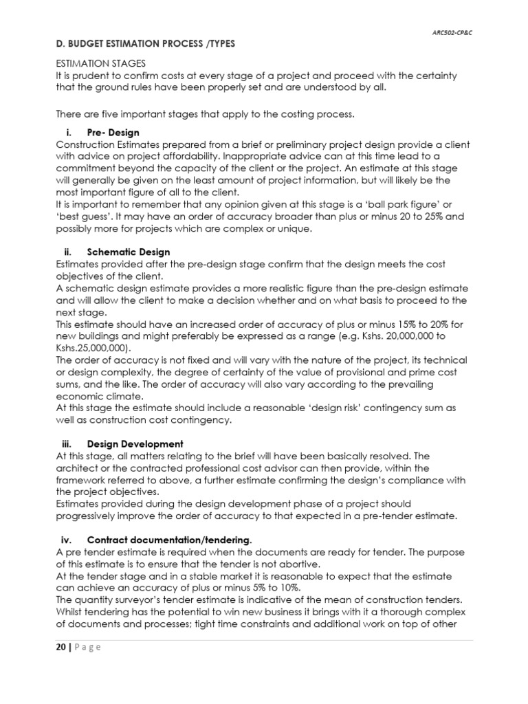 Cost Planning and Control - Arc 502 - D & e | PDF | Building ...