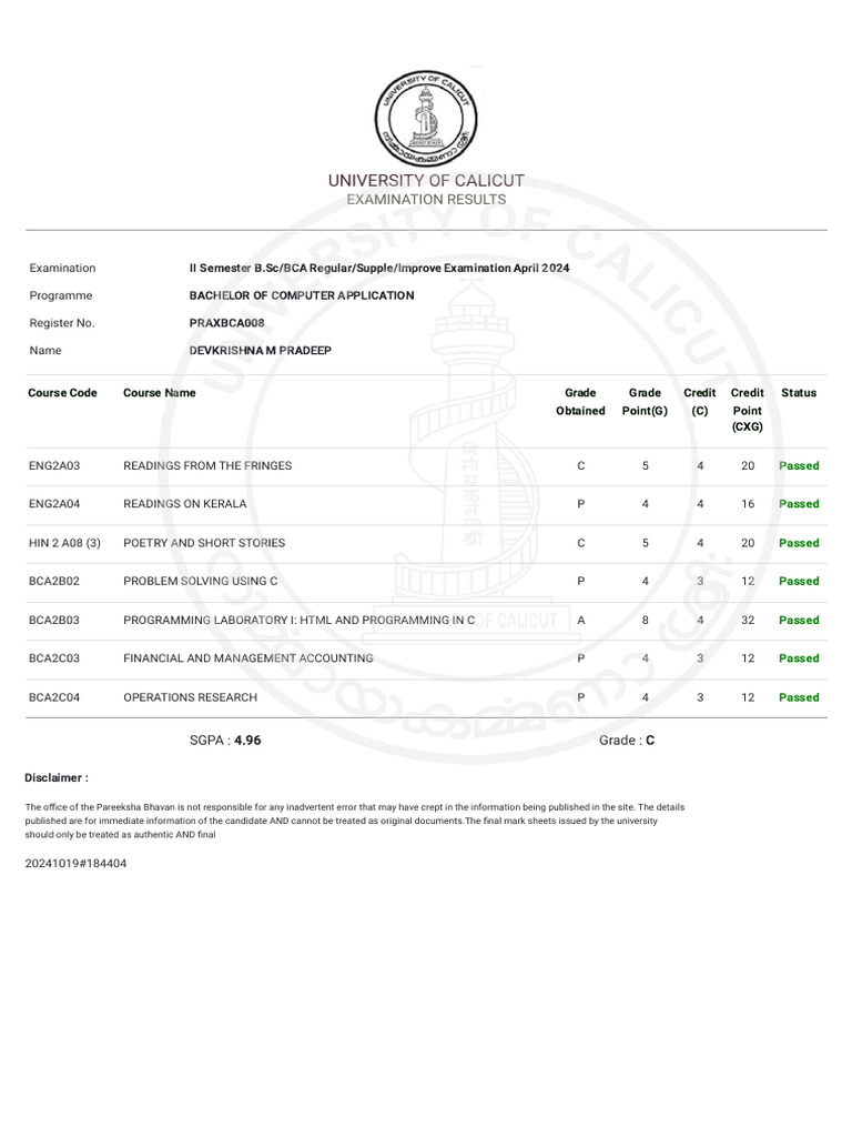 University of Calicut - Online Results | PDF | Computing