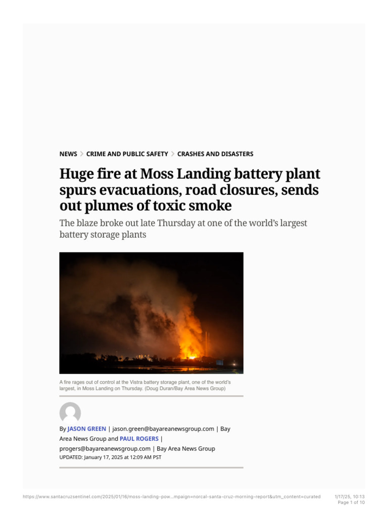 Huge fire at Moss Landing battery plant spurs evacuations, road ...