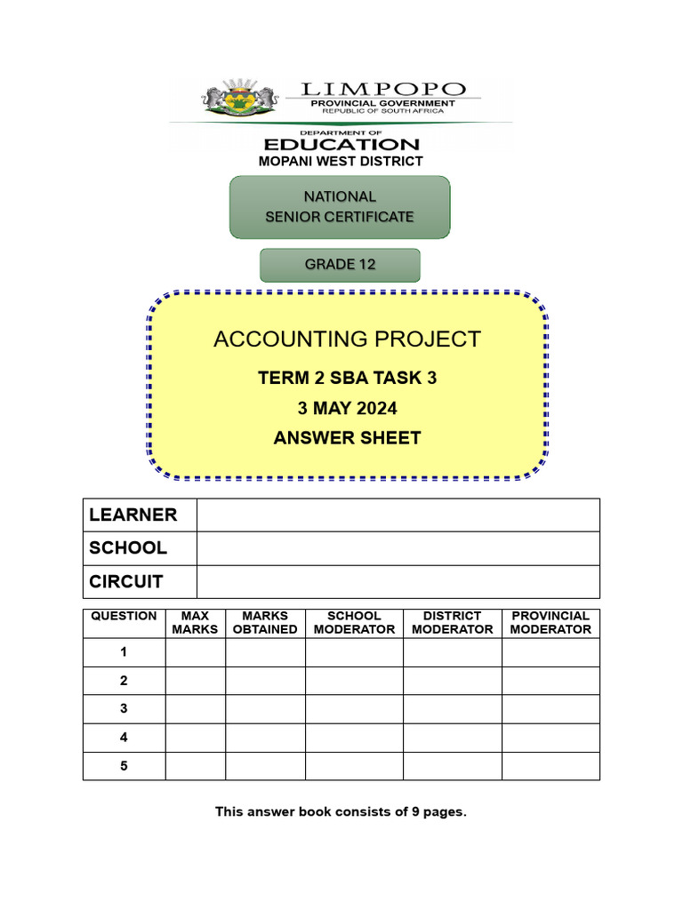 Accounting Grade 12 Project Answer Book 3 May 2024 | PDF | Auditor's Report | Accounting