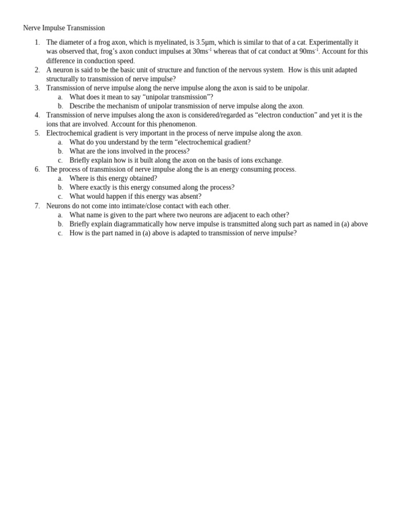Nerve Impulse Transmission Questions | PDF