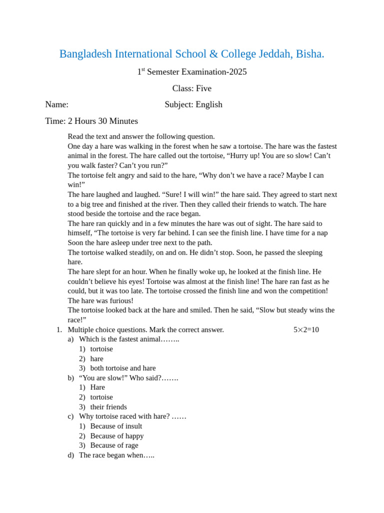 Class 5 English Model Question Paper 2025 | PDF