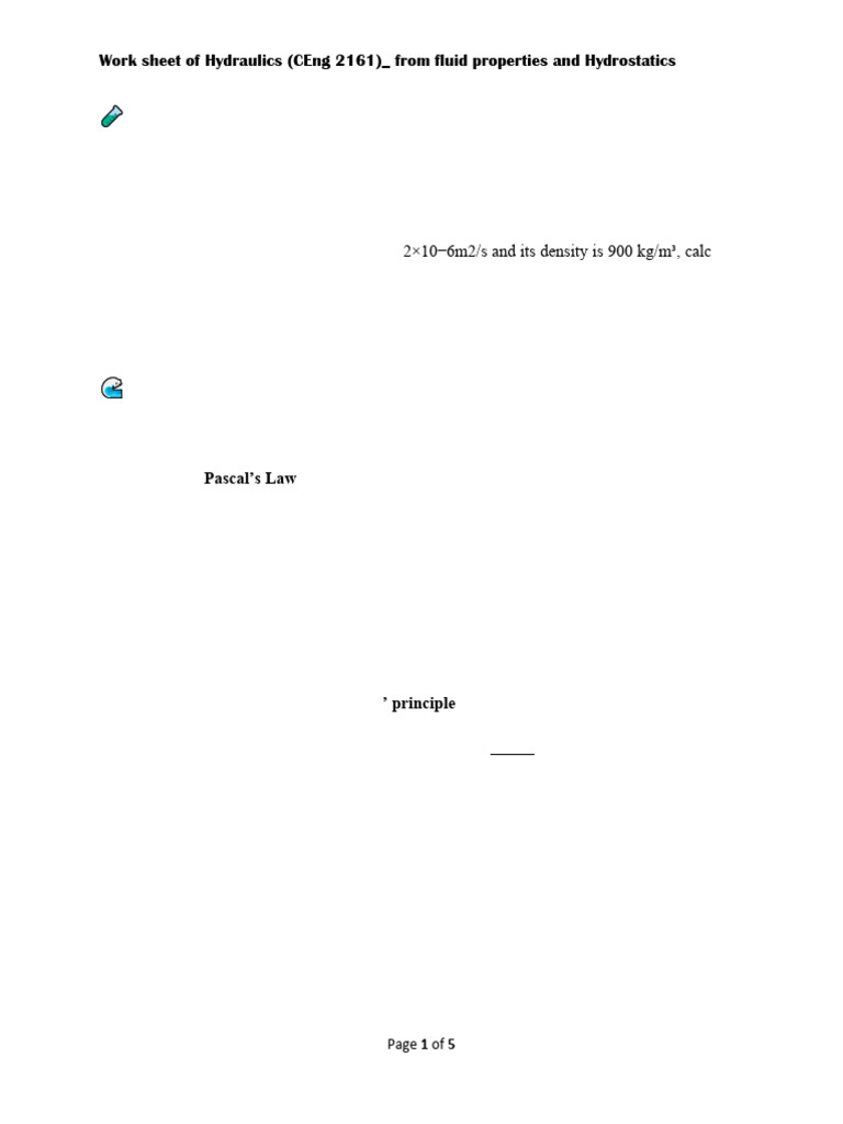 Hydraulic (CEng 2161) - Worksheet | PDF | Buoyancy | Pressure