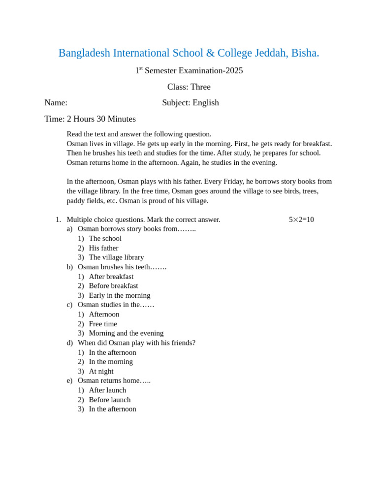 Class 3 English Exam Paper 2025 | PDF