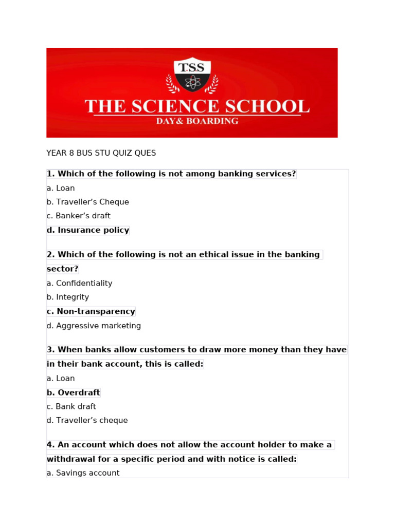Year 8 Bus Stu Quiz Ques | PDF | Market (Economics) | Cheque