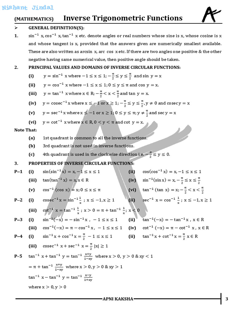 Sheet - 01 - Inverse Trigonometric Functions NJ - 247 | PDF | Trigonometric Functions | Function ...