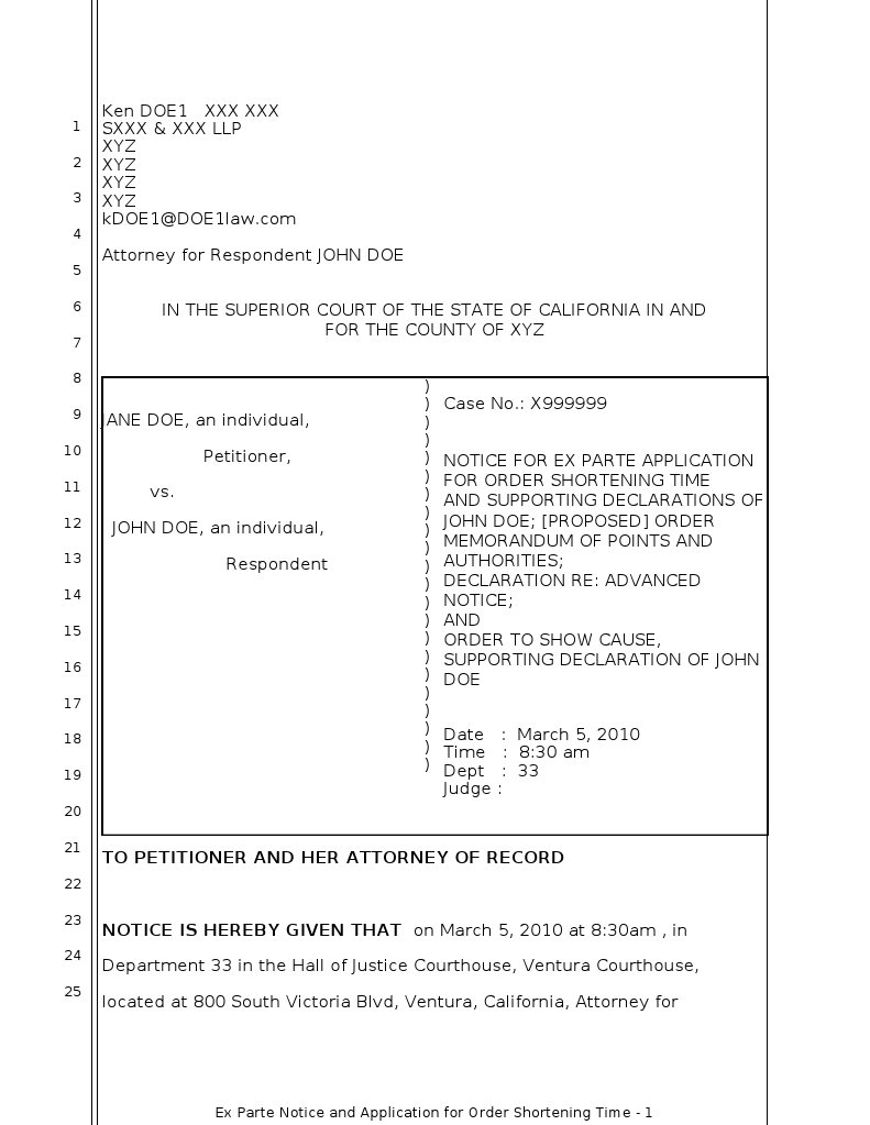 ExParte Application For Order Shortening Time | PDF | Ex Parte | Lawyer