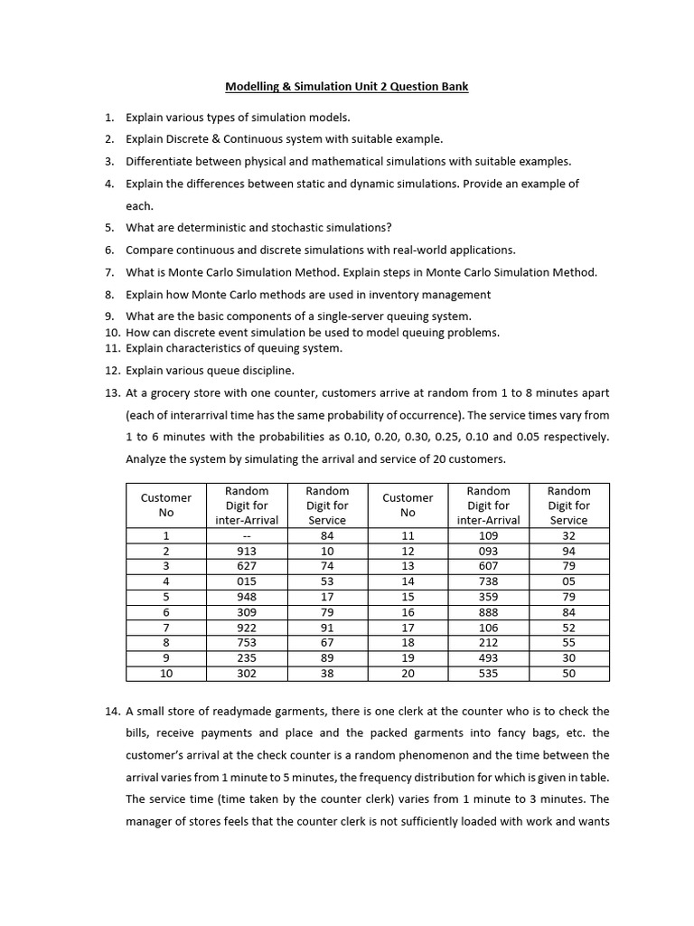 M&S Unit 2 Question Bank | PDF | Simulation | Monte Carlo Method