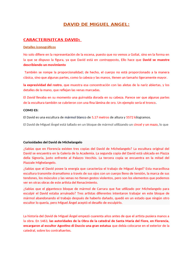 Detalles de la escultura David de Miguel Ángel | PDF | Miguel Ángel