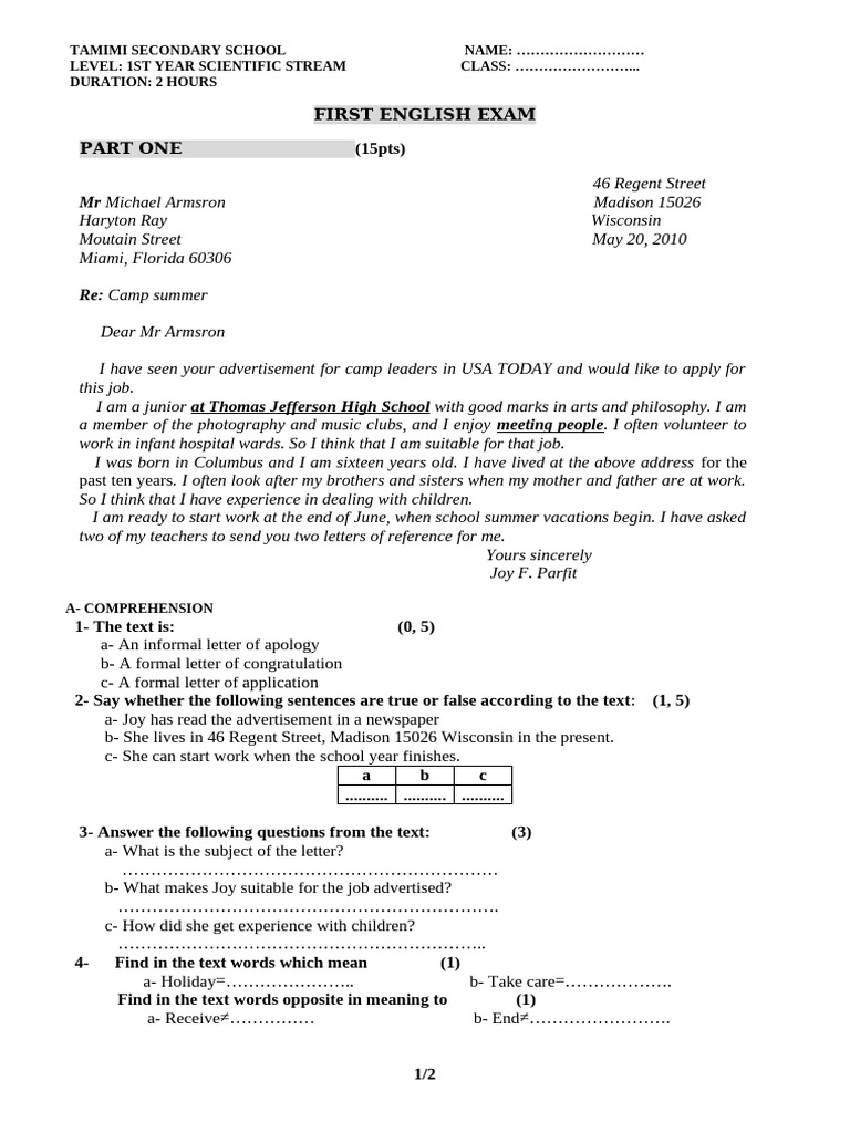 First English Exam for 1st Year Students | PDF