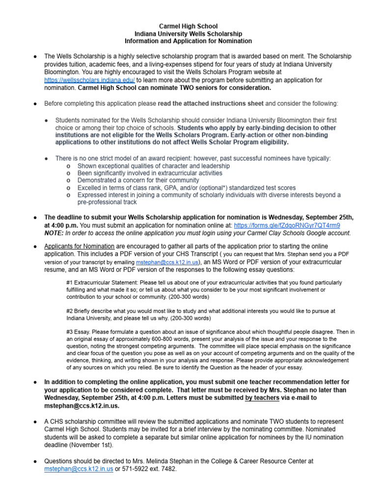 Wells Scholars Program Application For Nomination Instructions | PDF