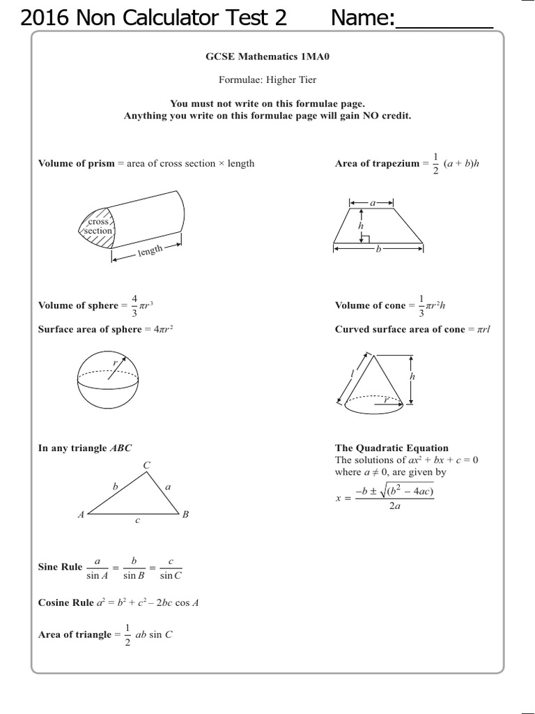 Math Non-Calculator Test | PDF | Area