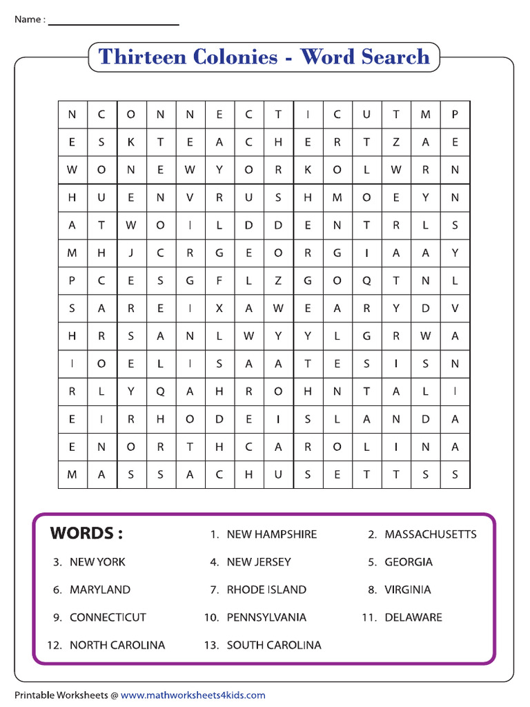 Thirteen Colonies Word Search | PDF