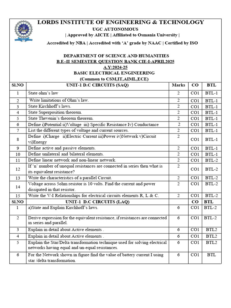 Bee-Qb-Cie-I Sem-Ii 2025-26 | PDF | Inductance | Inductor