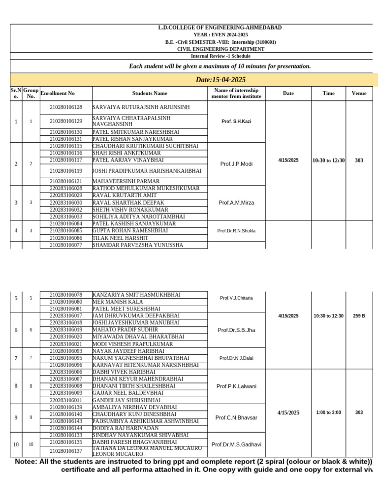 Intenship SEM-8 Review -2 Schedule | PDF