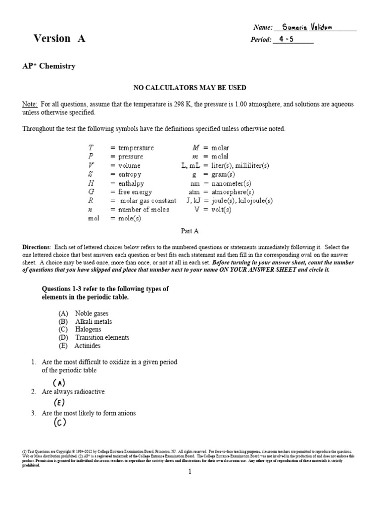 2008 AP Chemistry Practice Test | PDF | Reaction Rate | Acid