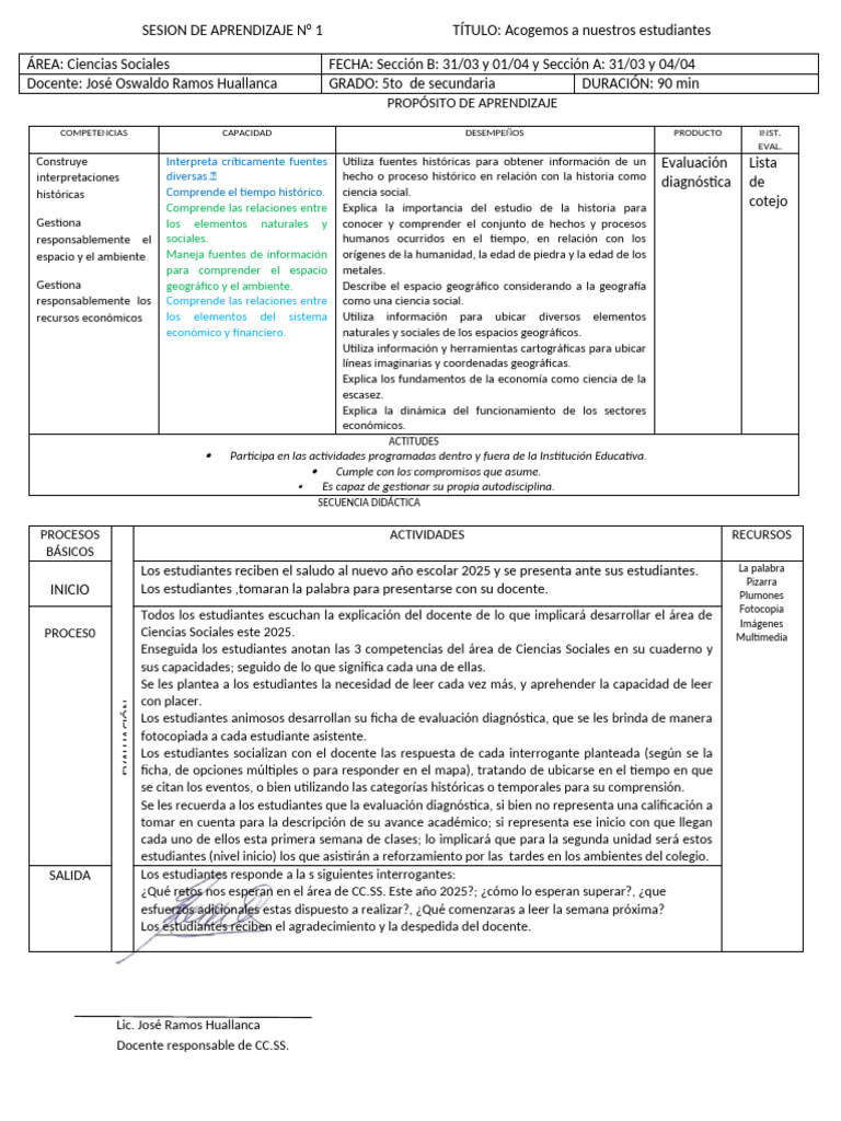 Secion de Aprendizaje 31 de Marzo Del 2025 CC - Ss. 5TO Evaluación Diagnostica | PDF ...