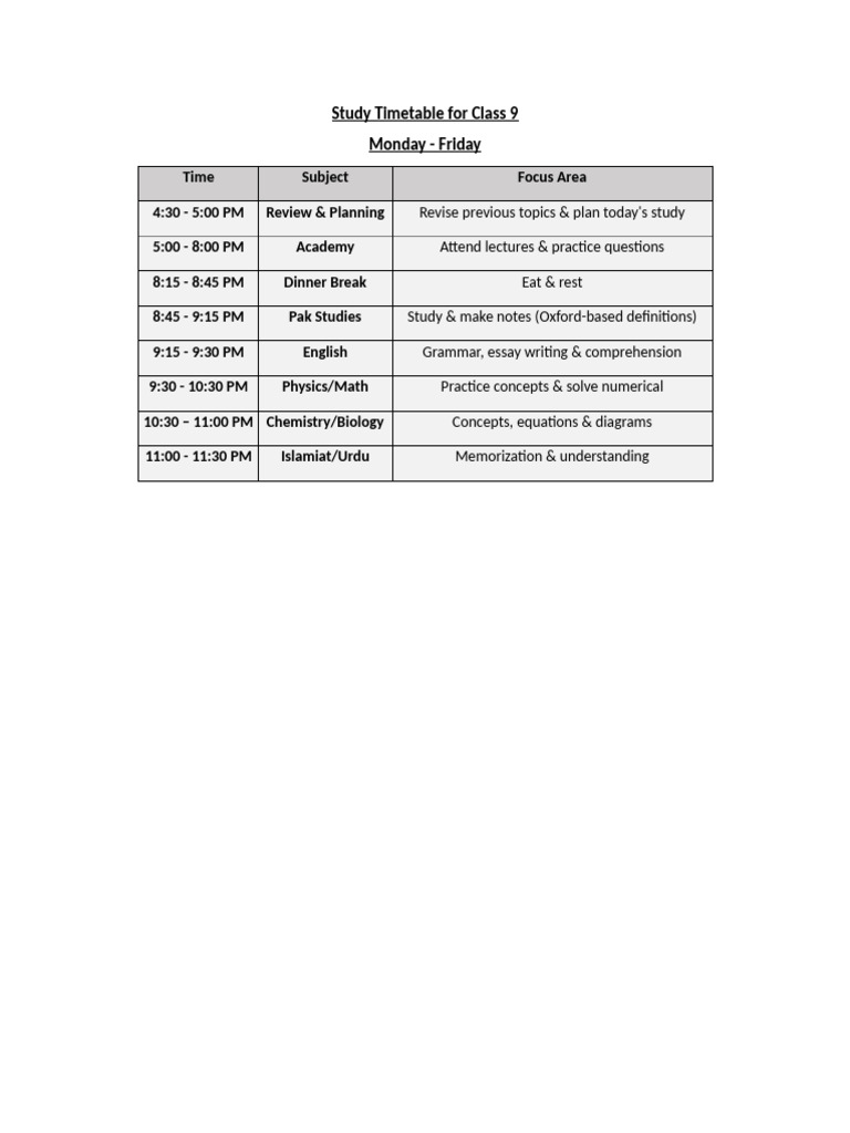 Study Timetable For Class 9 | PDF