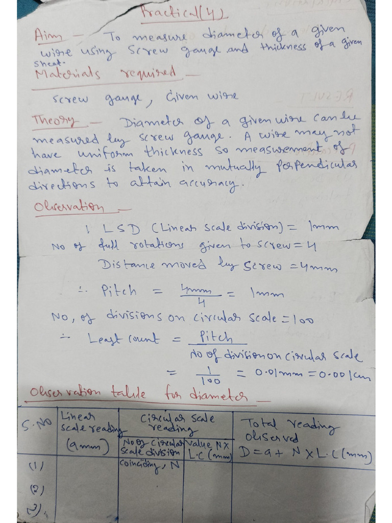Class 11th Practical Screw Gauge Exp4 | PDF