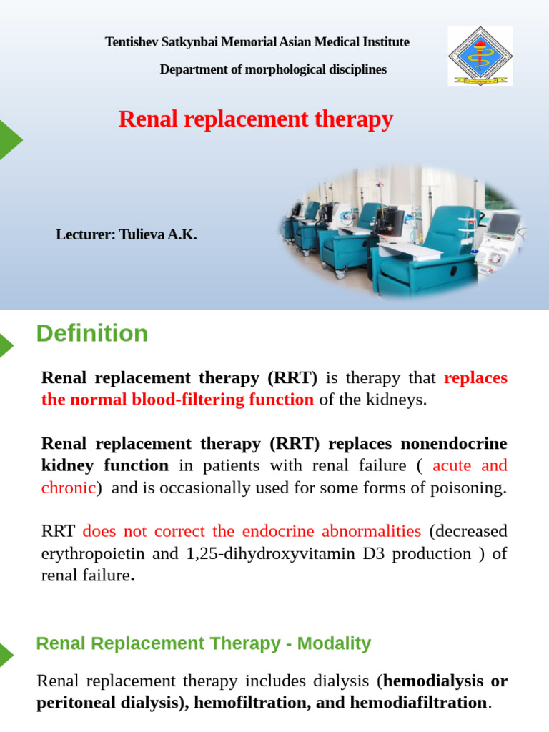 Overview of Renal Replacement Therapy | PDF | Kidney | Hemodialysis