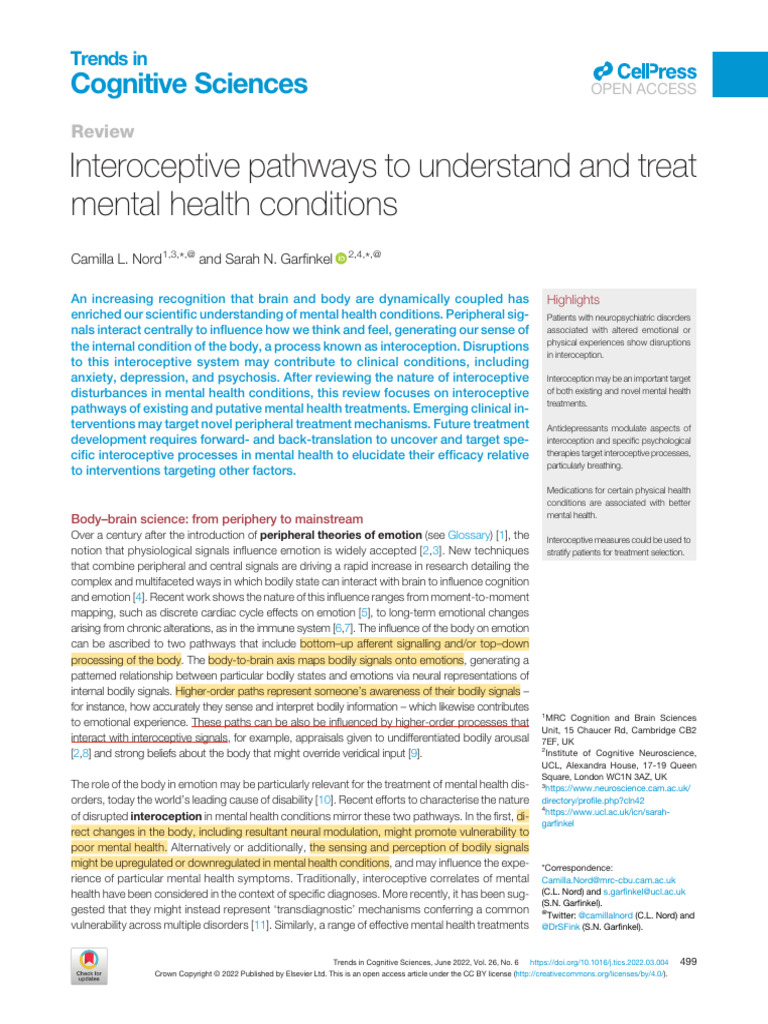 Nord & Garfinkel - Interoceptive Pathways | PDF | Emotions | Mental ...