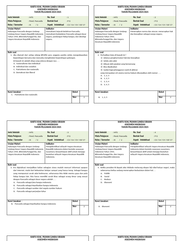Format Kartu Soal Um Pend Pancasila Kelas 9 TP 2024 2025 084420 | PDF