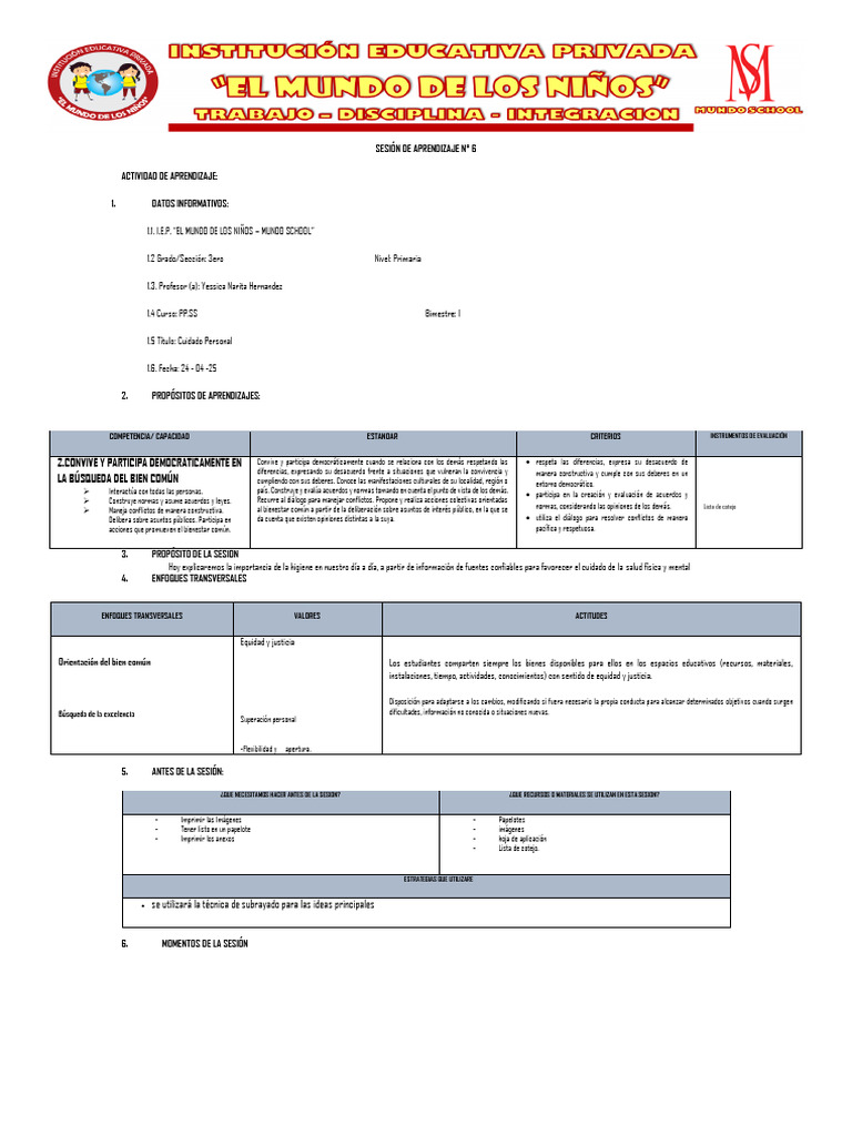 SESIÓN PP - SS N6 - Cuidado Personal | PDF | Higiene | Aprendizaje