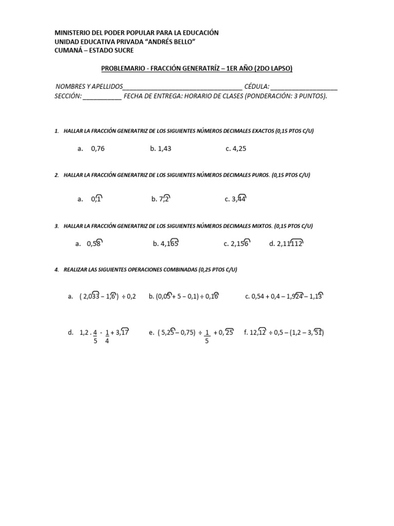 1er AÑO - Fracción Generatríz (2do Lapso) | PDF